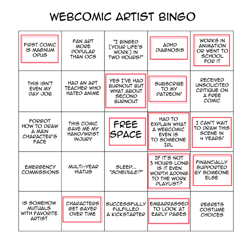 Webcomic Bingo chart - Comic Fury Webcomic Hosting