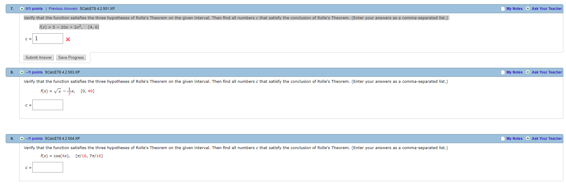 Solved 7. +0/1 points | Previous Answers SCalcET8 4.2.501.XP | Chegg.com