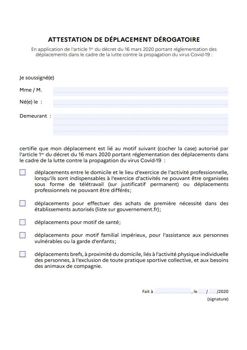 télécharger le formulaire d'attestation dérogatoire obligatoire pour ...