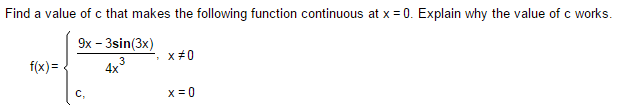 Solved Find a value of c that makes the following function | Chegg.com