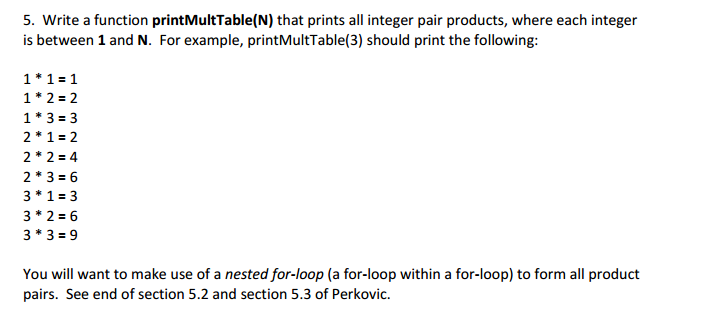 Solved Write a function printMultTable(N) that prints all | Chegg.com