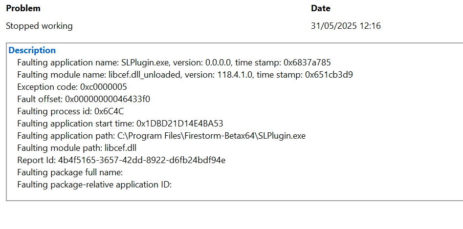 Constant "SLPlugin.exe has stopped working" errors - Firestorm / LL ...