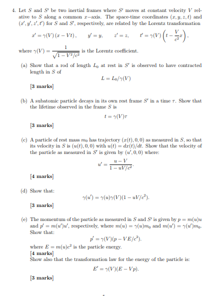 Solved 4. Let S and S be two inertial frames where S' moves | Chegg.com