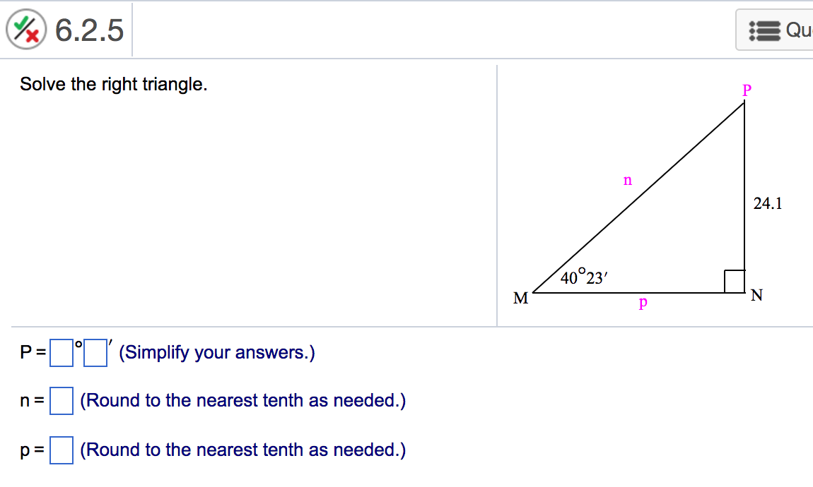 Solved Solve the right triangle. P = degree '(Simplify | Chegg.com