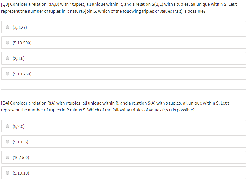 Solved [Q3] Consider a relation R(A,B) with r tuples, all | Chegg.com