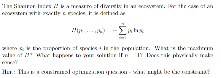 Solved The Shannon index H is a measure of diversity in an | Chegg.com