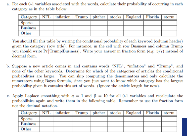 Question 1. Naive Bayes and Laplace smoothing. We are | Chegg.com