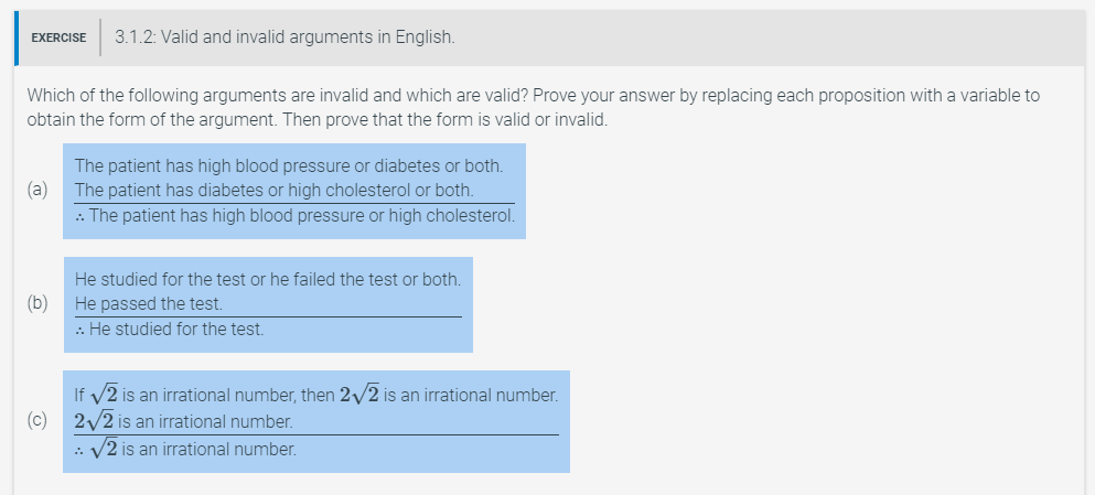 Solved EXERCISE 3.1.2: Valid and invalid arguments in | Chegg.com