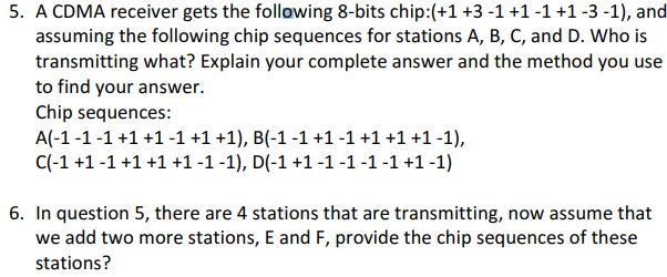 Solved 5. A CDMA receiver gets the following 8-bits chip:(+1 | Chegg.com