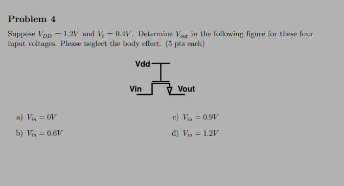 Solved Problem 4 Suppose VDD-1.2V and V-0.4V. Determine Vout | Chegg.com