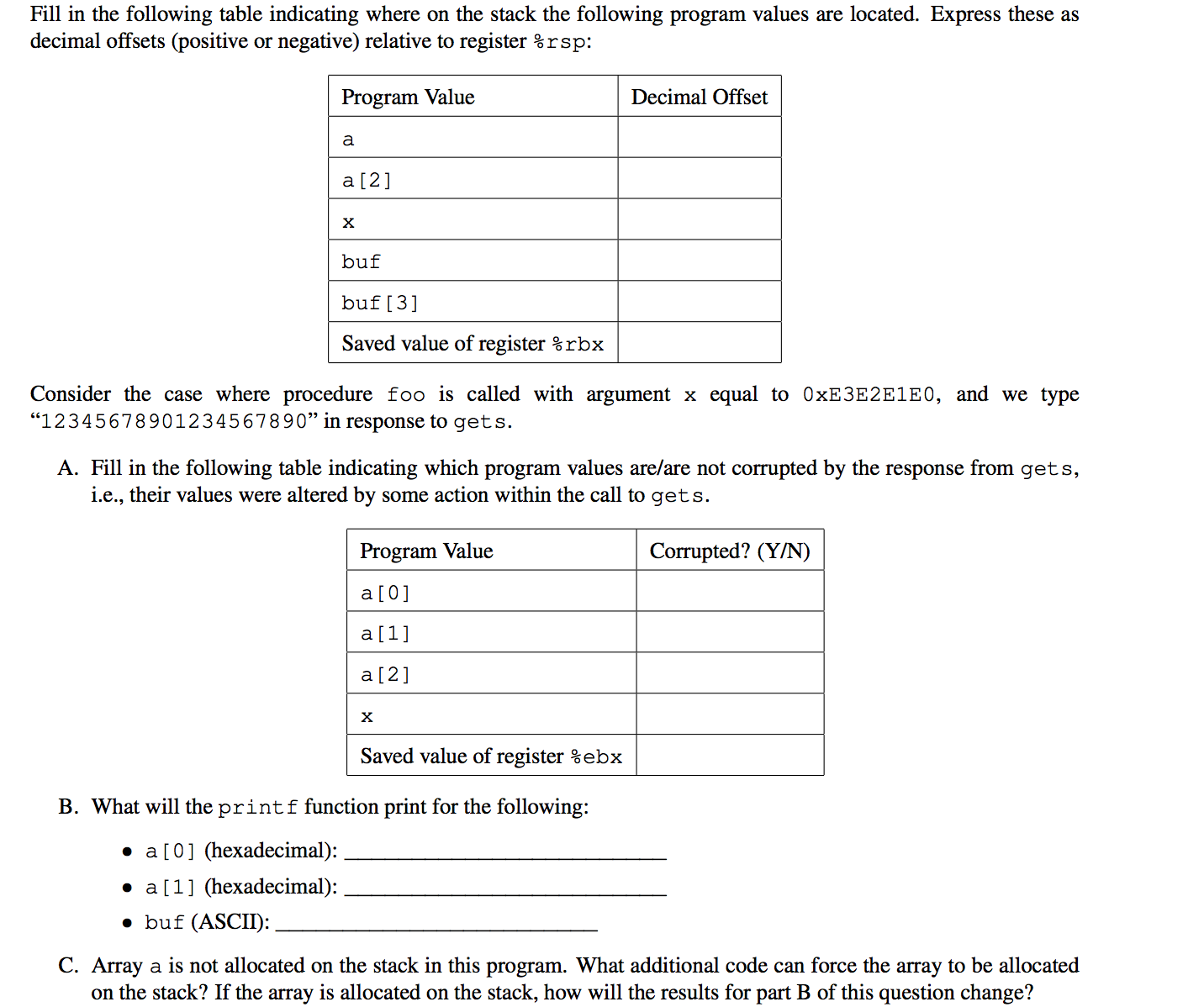 void foo (int x) int a [3]; char buf [4] a 11 gets | Chegg.com