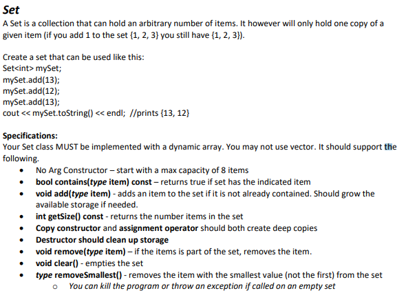 Done in C++. Make an array based, templated Set | Chegg.com