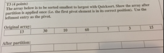Solved T3 (4 points) The array below is to be sorted | Chegg.com