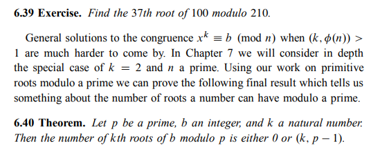 Solved 6.39 Exercise. Find the 37th root of 100 modulo 210. | Chegg.com