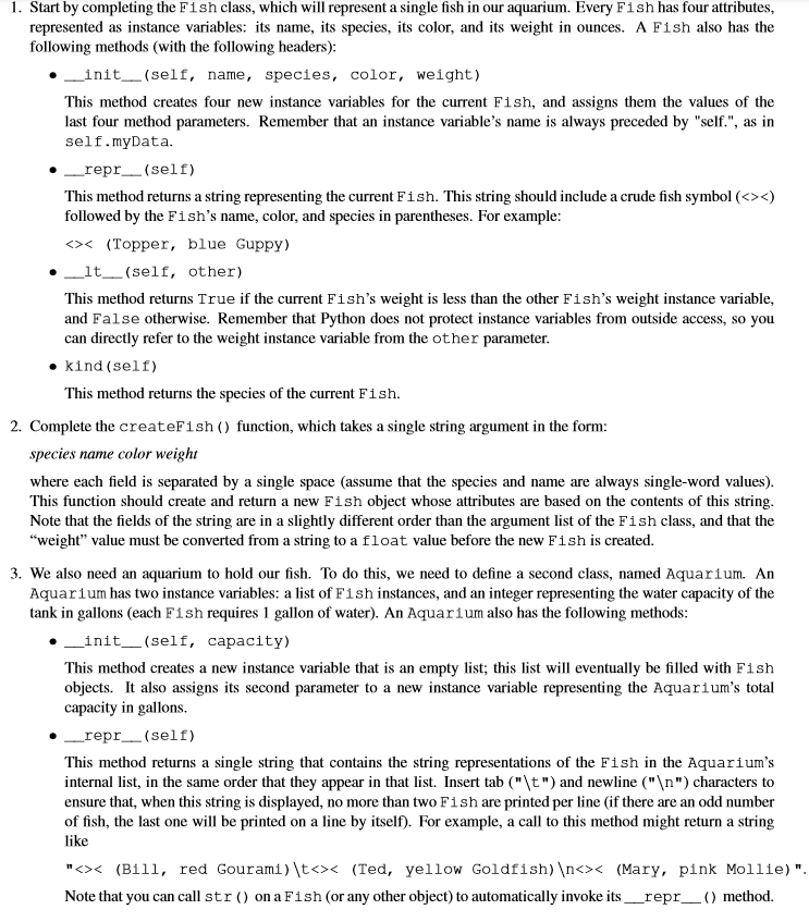 Solved 1. Start by completing the Fish class, which will | Chegg.com