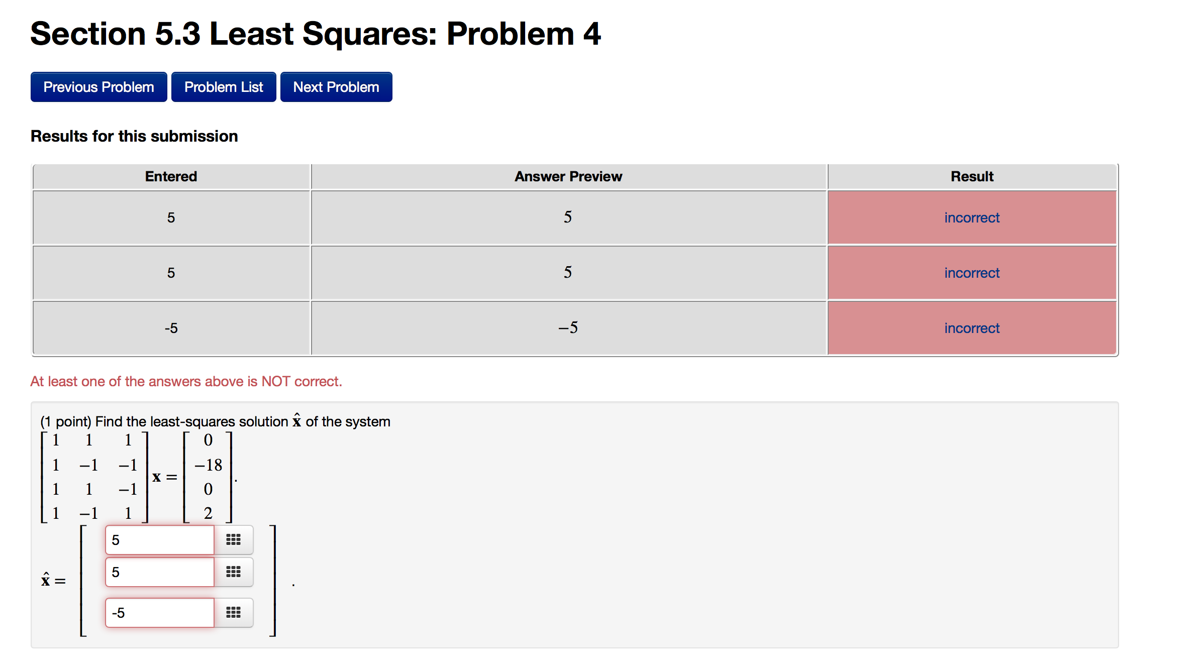 Solved Section 5.3 Least Squares: Problem 4 Previous Problem | Chegg.com