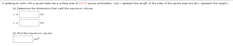 Solved A rectangular solid with a square base has a surface | Chegg.com