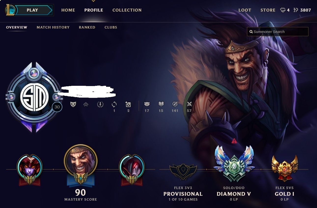 Diamond last season, currently d5 (low mmr), 57 champions, 22 skins ...
