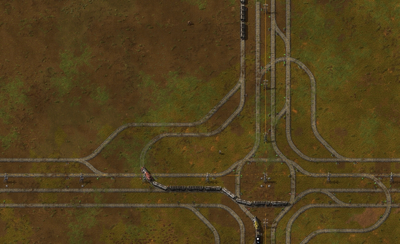 My solution for 4 way train intersection (left hand drive). : r/factorio