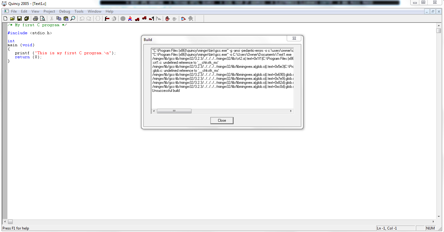 Tried to make my first program in quincy 2005 but keep getting ...