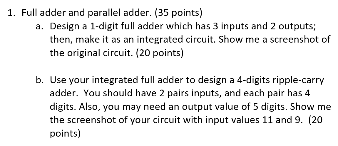 Solved 1. Full adder and parallel adder. (35 points) a. | Chegg.com
