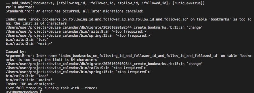 [rails]migrateした際に発生した An Error Has Occurred All Later Migrations Canceled エラーへの対処法 Ruby Qiita