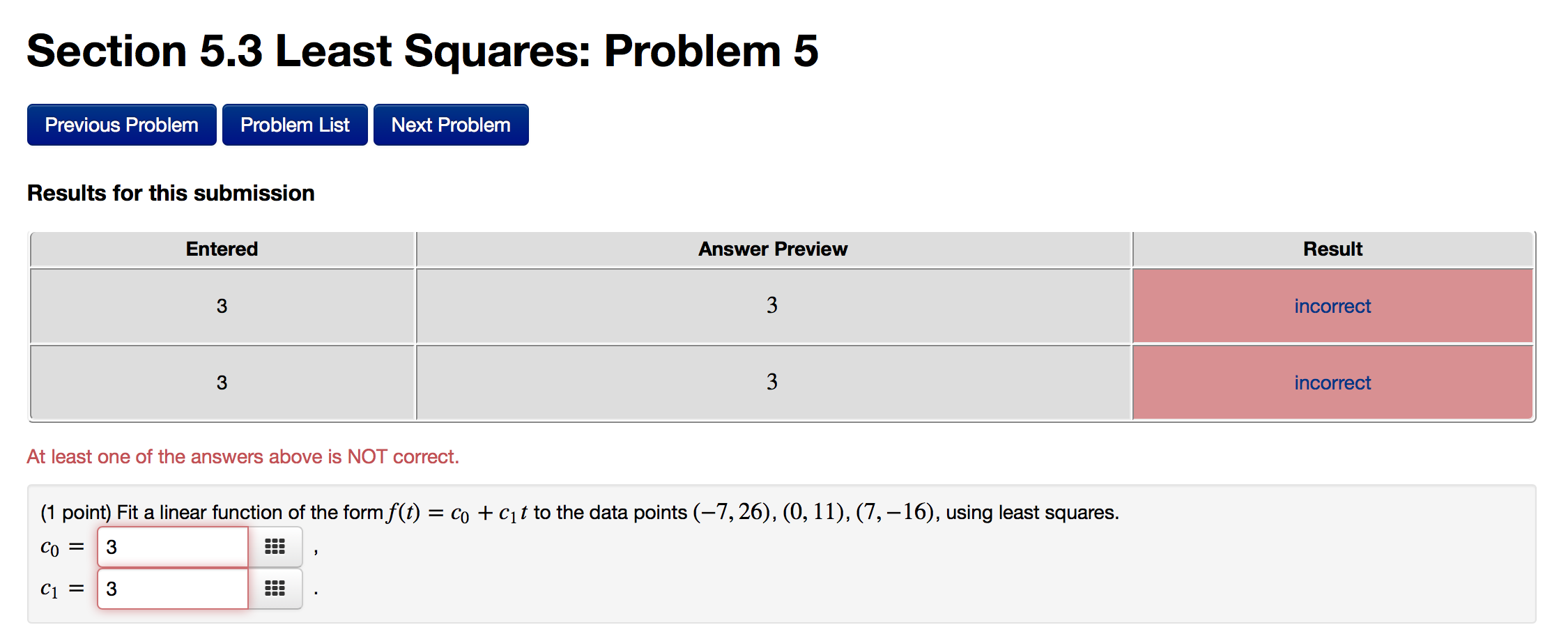 Solved Section 5.3 Least Squares: Problem 5 Previous | Chegg.com