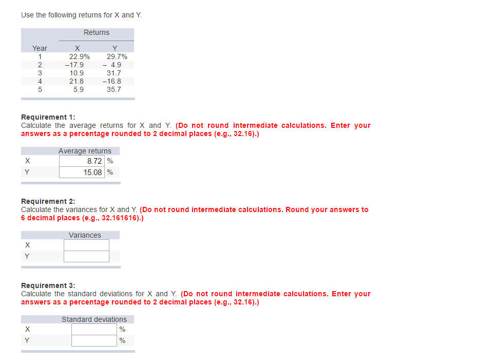 Solved Use the following returns for X and Y. Requirement | Chegg.com