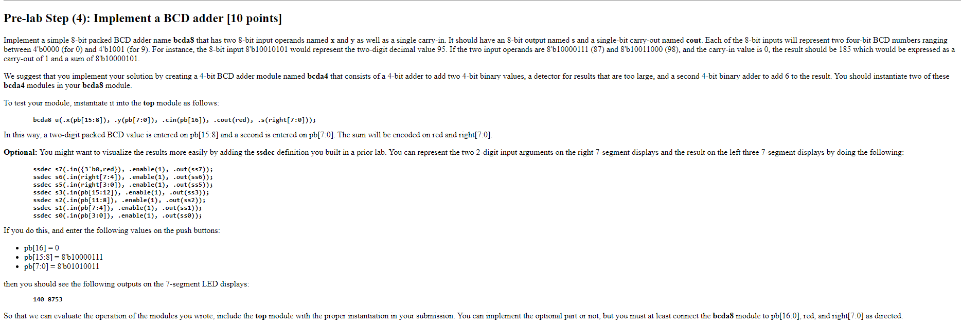 Pre-lab Step (4): Implement a BCD adder [10 points) | Chegg.com