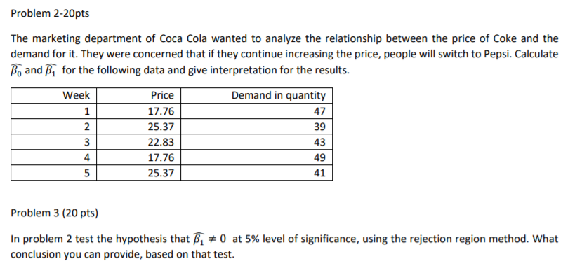 Solved Problem 2-20pts The marketing department of Coca Cola | Chegg.com