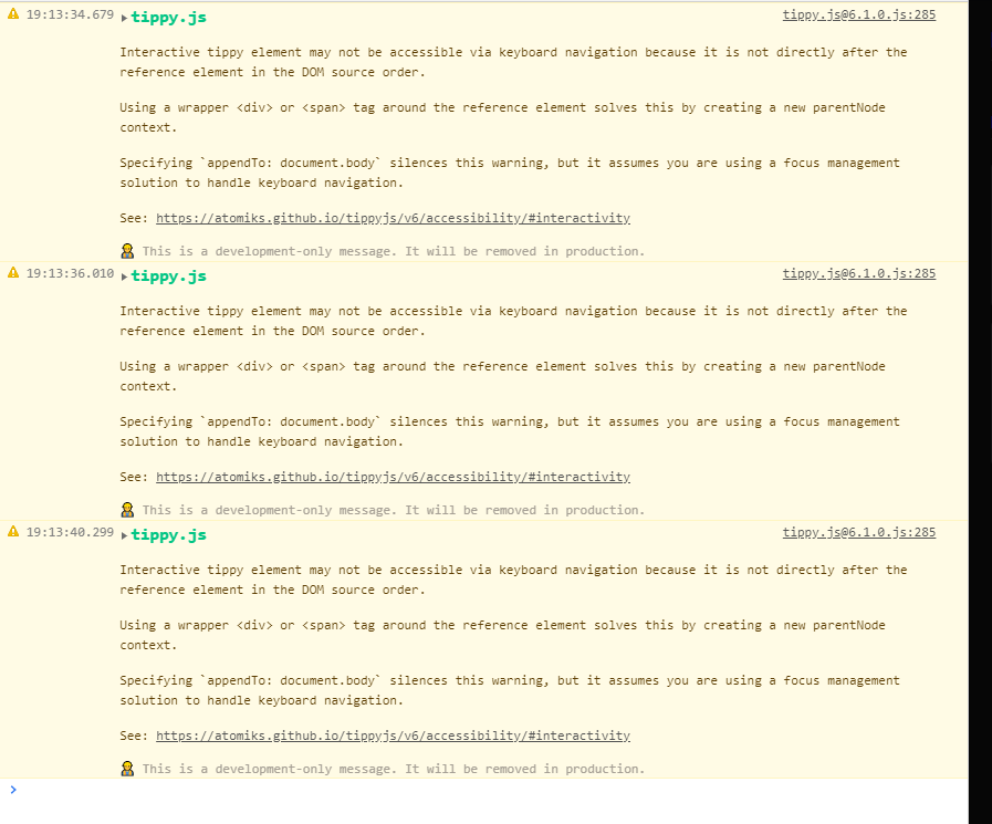 Batch warnings to show once per instance · Issue #746 · atomiks/tippyjs · GitHub