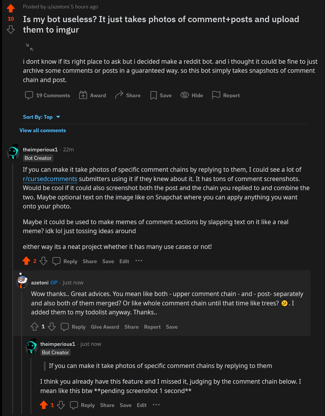 Is my bot useless? It just takes photos of comment+posts and upload ...