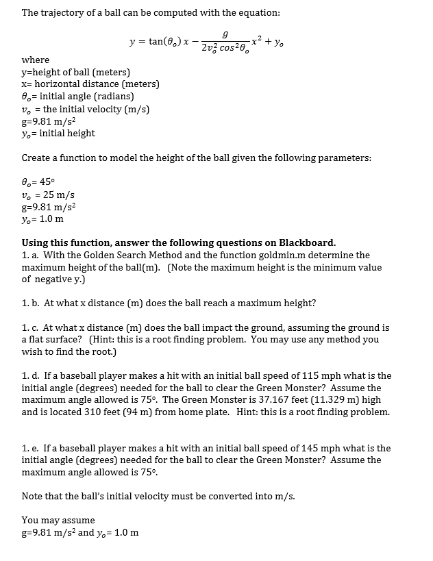 Solved The trajectory of a ball can be computed with the | Chegg.com