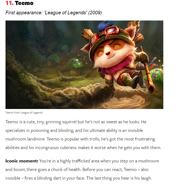 Teemo is the 11th most iconic Video Game character of the 21st century : r/TeemoTalk